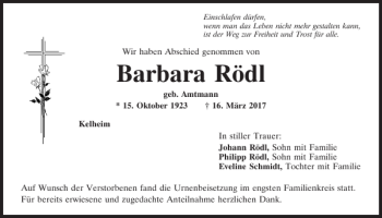 Traueranzeigen von Barbara Rödl | Mittelbayerische Trauer