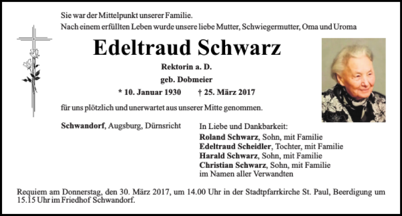 Traueranzeigen von Edeltraud Schwarz | Mittelbayerische Trauer
