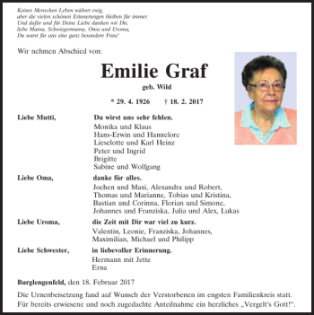 Traueranzeigen von Emilie Graf | Mittelbayerische Trauer