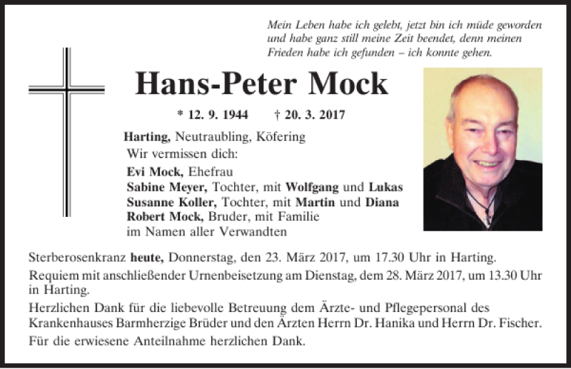 Traueranzeigen von Hans-Peter Mock | Mittelbayerische Trauer