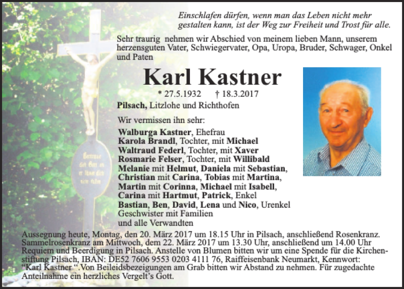 Traueranzeigen von Karl Kastner | Mittelbayerische Trauer