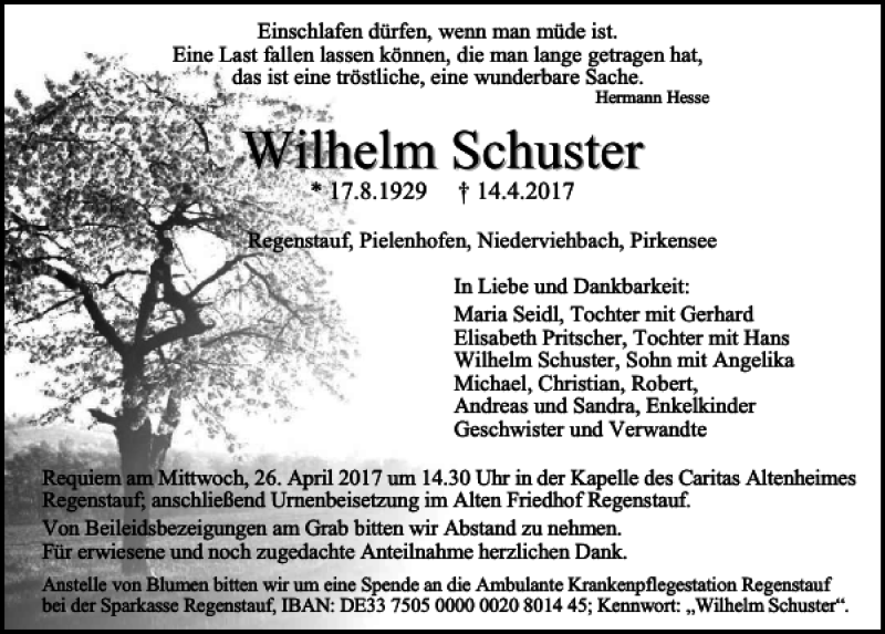Traueranzeigen von Wilhelm Schuster | Mittelbayerische Trauer