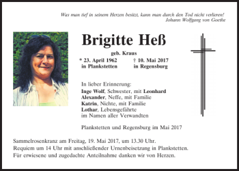 Traueranzeigen von Brigitte Heß | Mittelbayerische Trauer