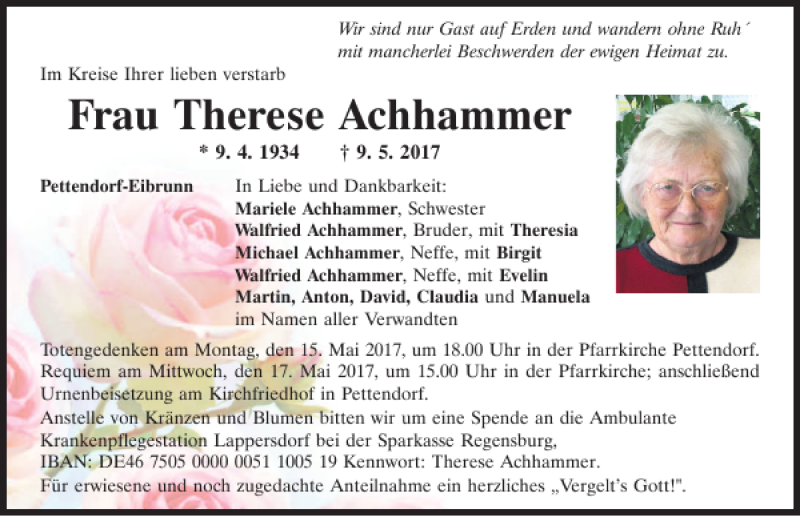 Traueranzeigen von Therese Achhammer | Mittelbayerische Trauer