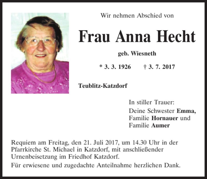 Traueranzeigen von Anna Hecht | Mittelbayerische Trauer