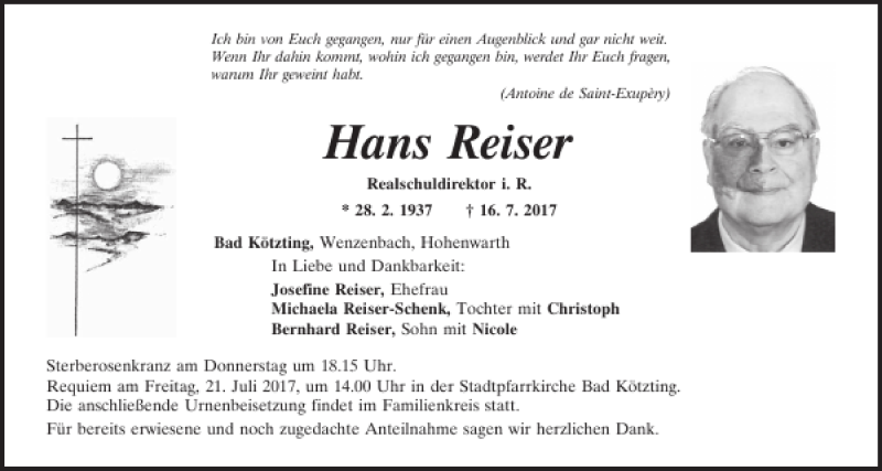 Traueranzeigen von Hans Reiser | Mittelbayerische Trauer