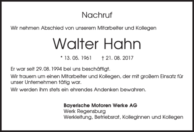 Traueranzeigen von Walter Hahn | Mittelbayerische Trauer