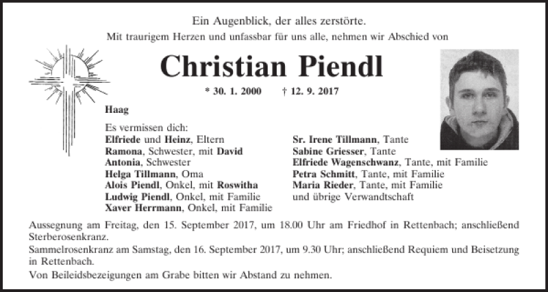Traueranzeigen von Christian Piendl | Mittelbayerische Trauer