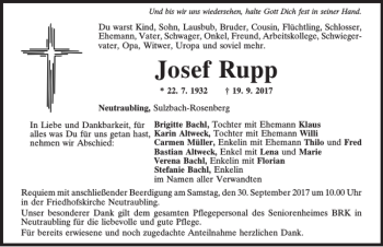 Traueranzeigen von Josef Rupp | Mittelbayerische Trauer