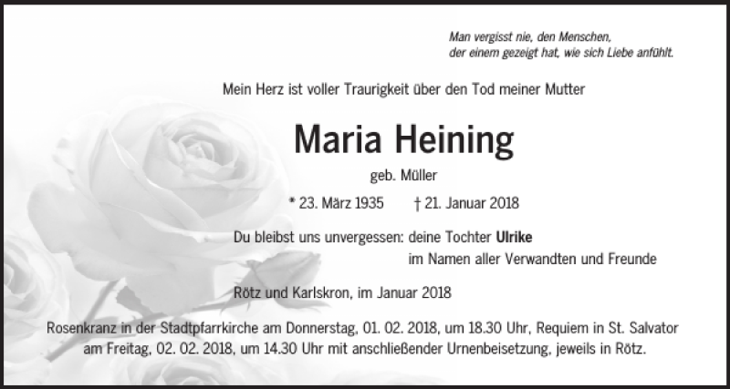 Traueranzeigen von Maria Heining | Mittelbayerische Trauer