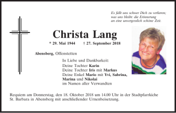 Traueranzeigen von Christa Lang | Mittelbayerische Trauer