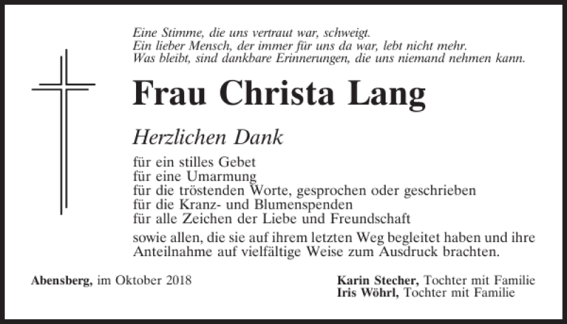 Traueranzeigen von Christa Lang | Mittelbayerische Trauer