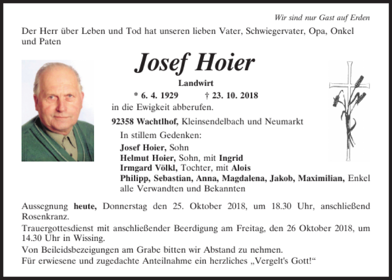 Traueranzeigen von Josef Hoier | Mittelbayerische Trauer