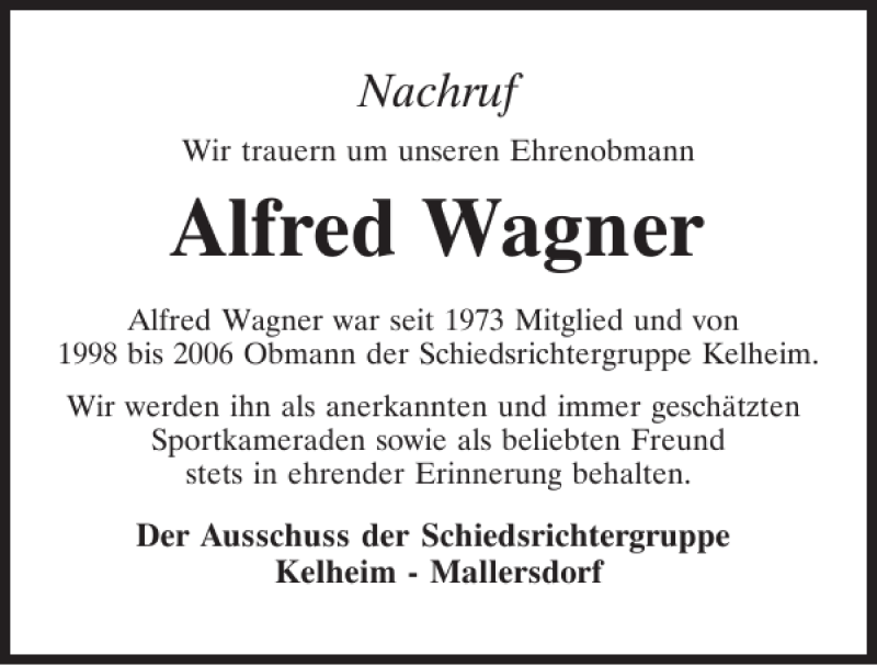 Traueranzeigen von Alfred Wagner | Mittelbayerische Trauer