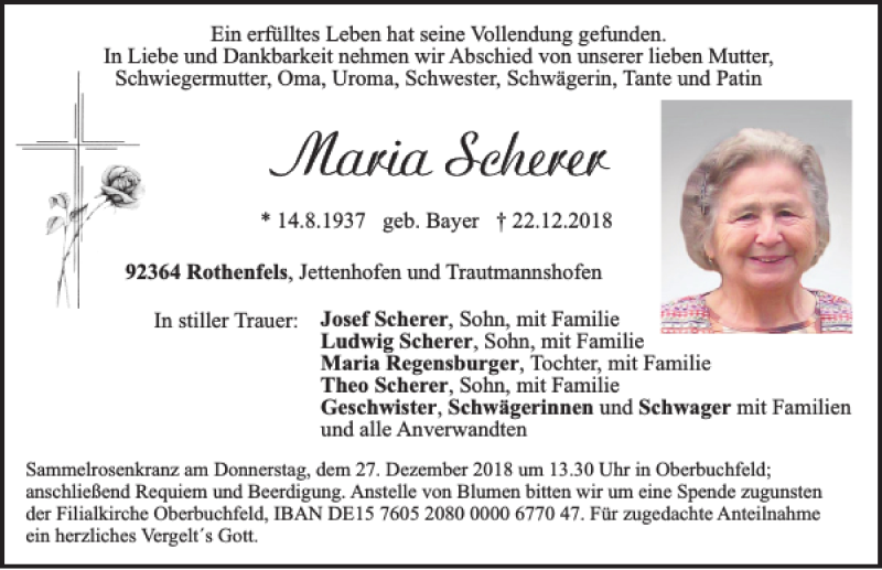 Traueranzeigen von Maria Scherer | Mittelbayerische Trauer