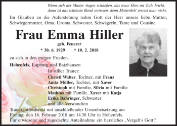 Traueranzeigen von Emma Hiller | Mittelbayerische Trauer