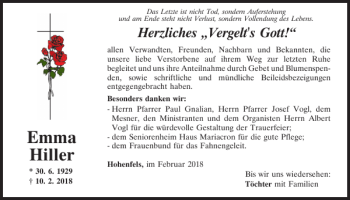 Traueranzeigen von Emma Hiller | Mittelbayerische Trauer