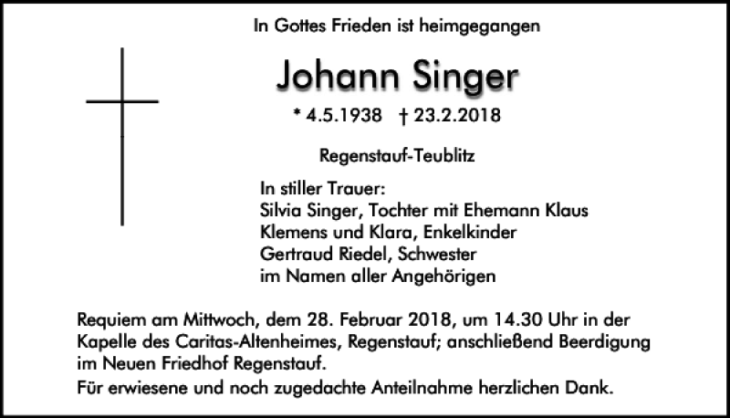 Traueranzeigen von Johann Singer | Mittelbayerische Trauer
