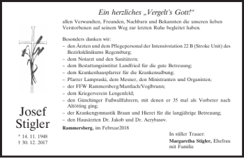 Traueranzeigen von Josef Stigler | Mittelbayerische Trauer