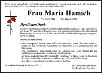 Traueranzeigen von Maria Hamich | Mittelbayerische Trauer