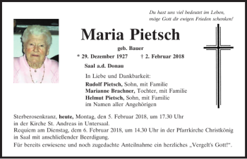 Traueranzeigen von Maria Pietsch | Mittelbayerische Trauer