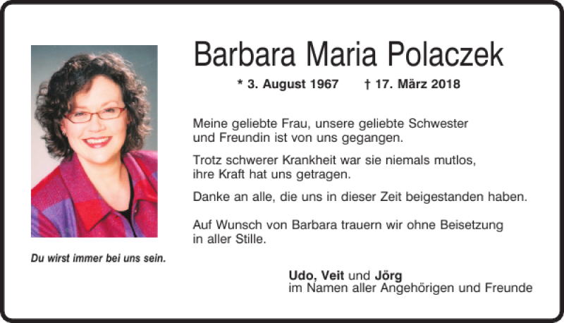 Traueranzeigen von Barbara Maria Polaczek | Mittelbayerische Trauer