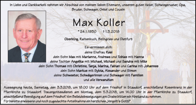 Traueranzeigen von Max Koller | Mittelbayerische Trauer