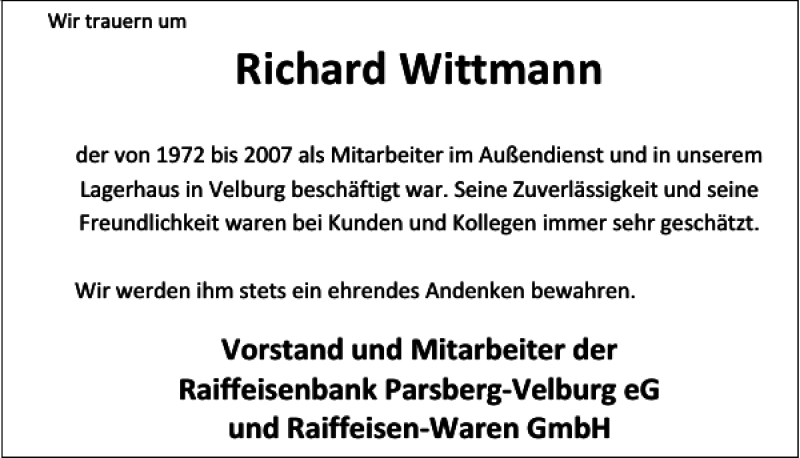 Traueranzeigen von Richard Wittmann | Mittelbayerische Trauer