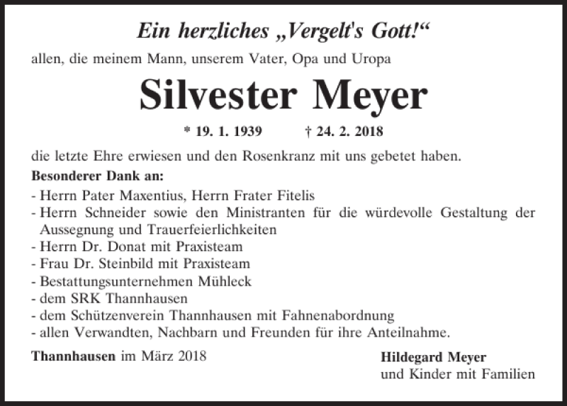 Traueranzeigen von Silvester Meyer | Mittelbayerische Trauer