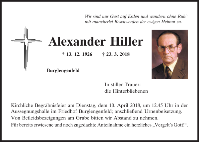 Traueranzeigen von Alexander Hiller | Mittelbayerische Trauer