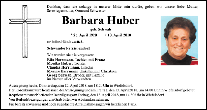 Traueranzeigen von Barbara Huber | Mittelbayerische Trauer