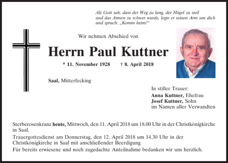 Traueranzeigen von Paul Kuttner | Mittelbayerische Trauer