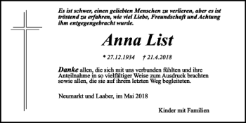 Traueranzeigen von Anna List | Mittelbayerische Trauer