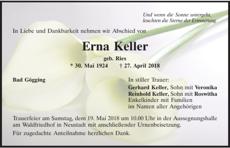 Traueranzeigen von Erna Keller | Mittelbayerische Trauer