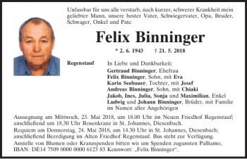 Traueranzeigen von Felix Binninger | Mittelbayerische Trauer