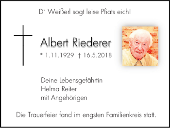 Traueranzeigen von Albert Riederer | Mittelbayerische Trauer