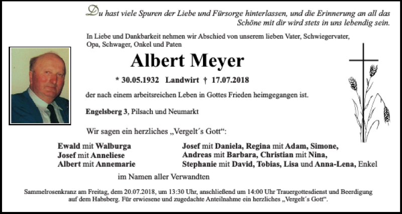 Traueranzeigen von Albert Meyer | Mittelbayerische Trauer