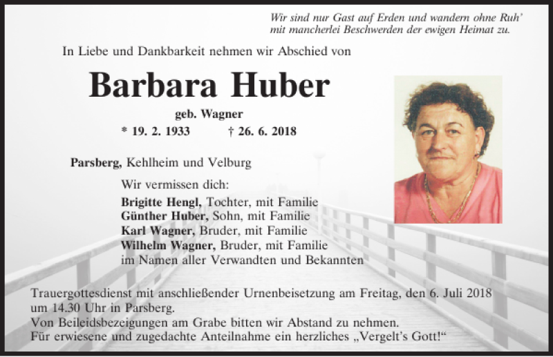 Traueranzeigen von Barbara Huber | Mittelbayerische Trauer
