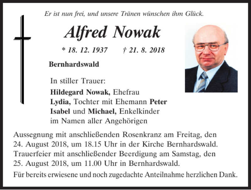 Traueranzeigen von Alfred Nowak | Mittelbayerische Trauer