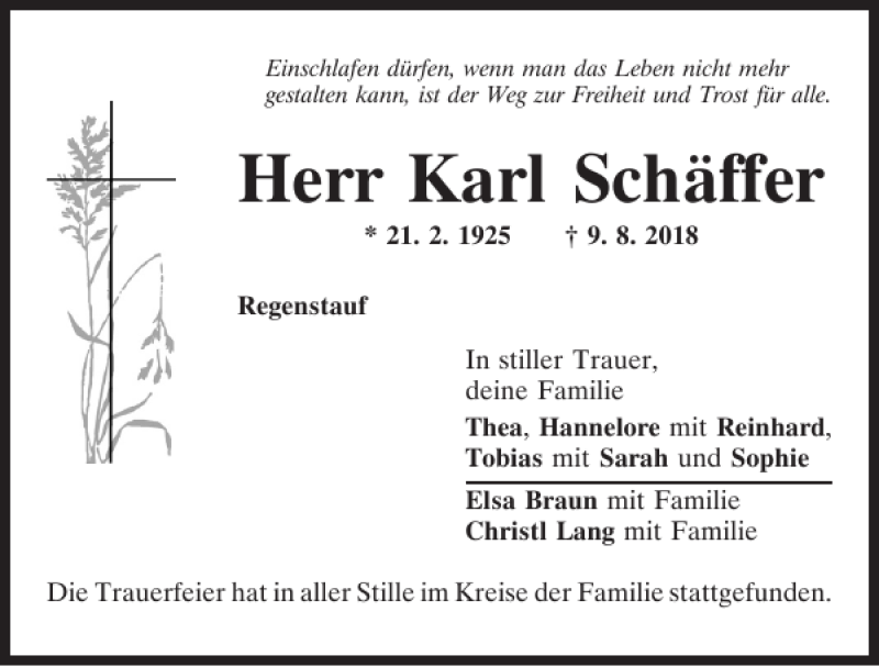 Traueranzeigen von Karl Schäffer | Mittelbayerische Trauer