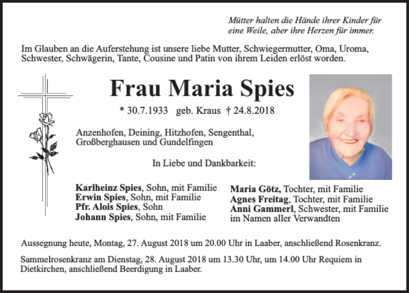 Traueranzeigen von Maria Spies | Mittelbayerische Trauer