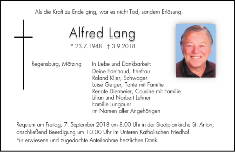 Traueranzeigen von Alfred Lang | Mittelbayerische Trauer