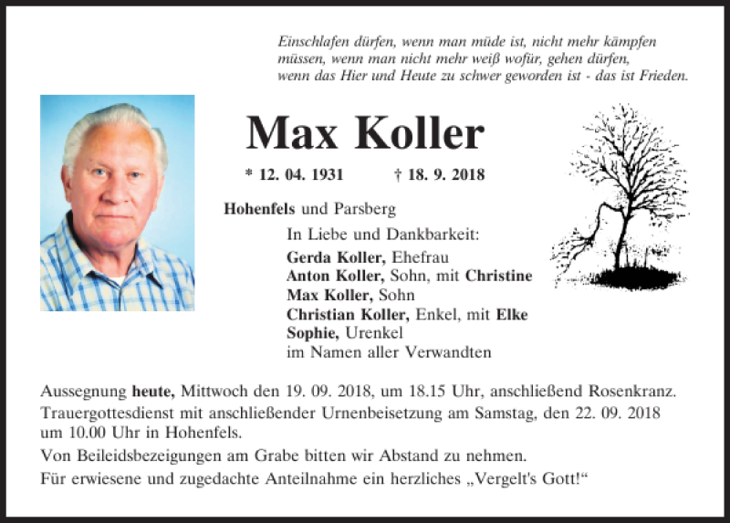 Traueranzeigen von Max Koller | Mittelbayerische Trauer