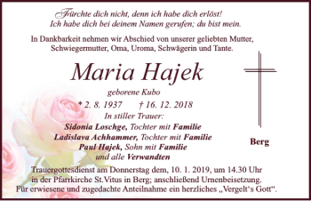 Traueranzeigen von Maria Hajek | Mittelbayerische Trauer