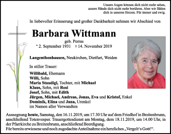 Traueranzeigen von Barbara Wittmann | Mittelbayerische Trauer
