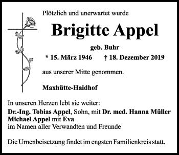 Traueranzeigen von Brigitte Appel | Mittelbayerische Trauer