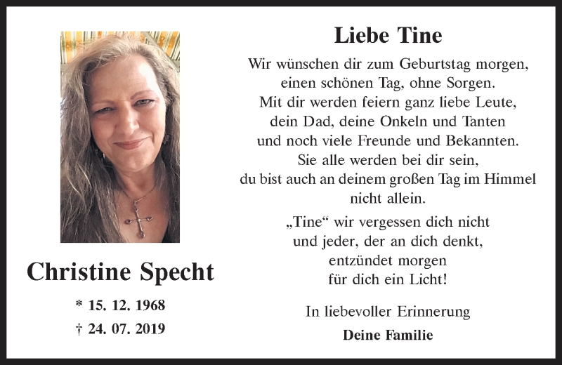 Traueranzeigen von Christine Specht | Mittelbayerische Trauer