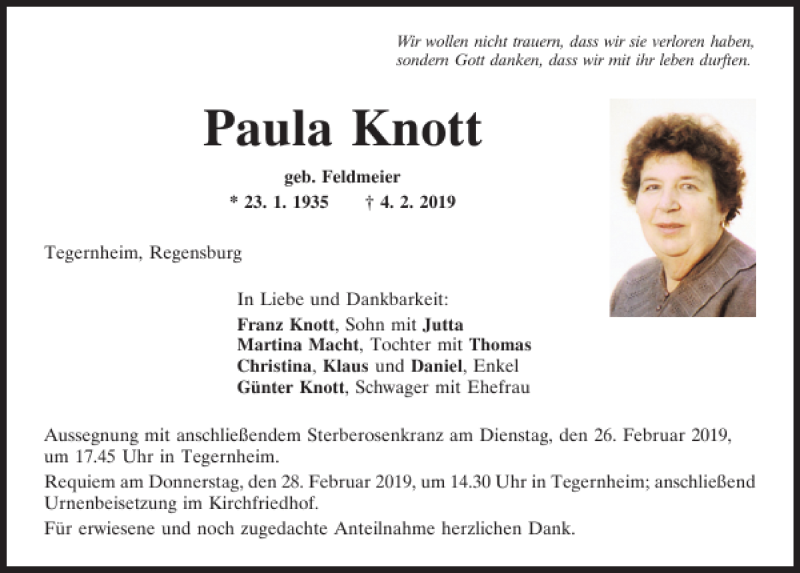 Traueranzeigen von Paula Knott | Mittelbayerische Trauer
