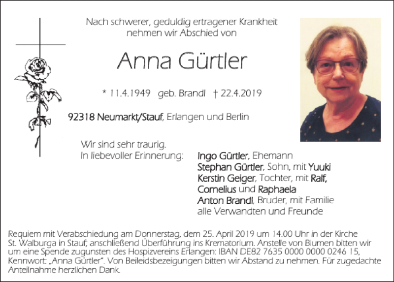 Traueranzeigen von Anna Gürtler | Mittelbayerische Trauer
