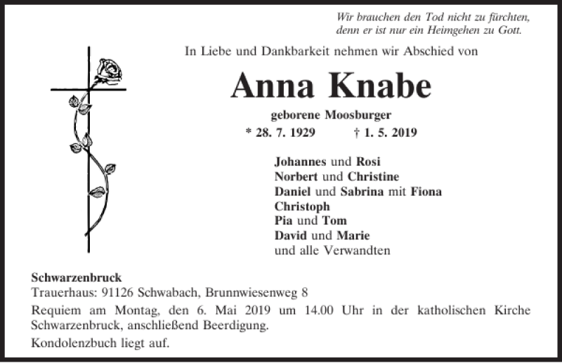 Traueranzeigen von Anna Knabe | Mittelbayerische Trauer